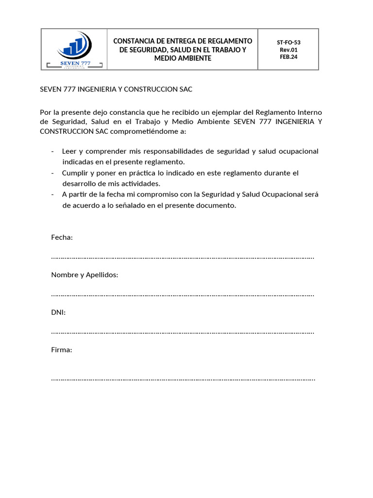 ST-FO-53 Constancia de Entrega Del RISST Rev.01 | PDF