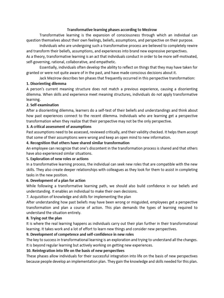 Transformative Learning Phases According To Mezirow | PDF | Cognitive ...