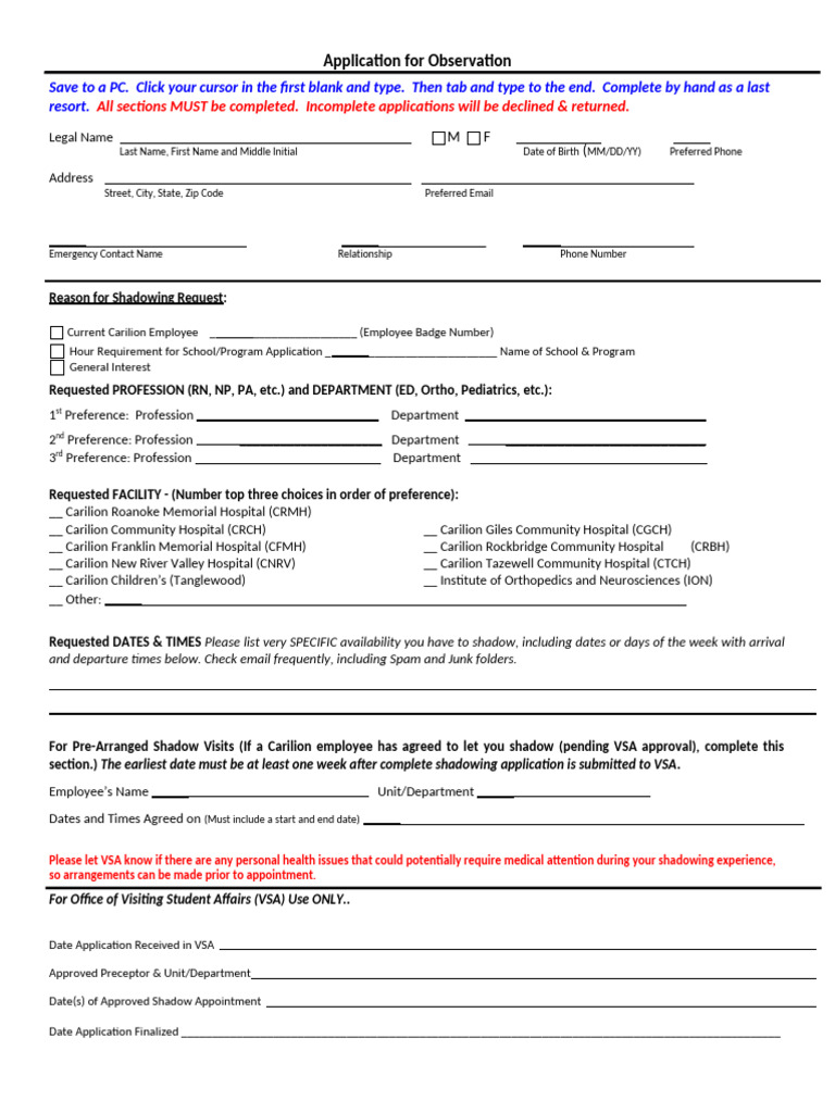 Shadowing Application Form for Healthcare | PDF