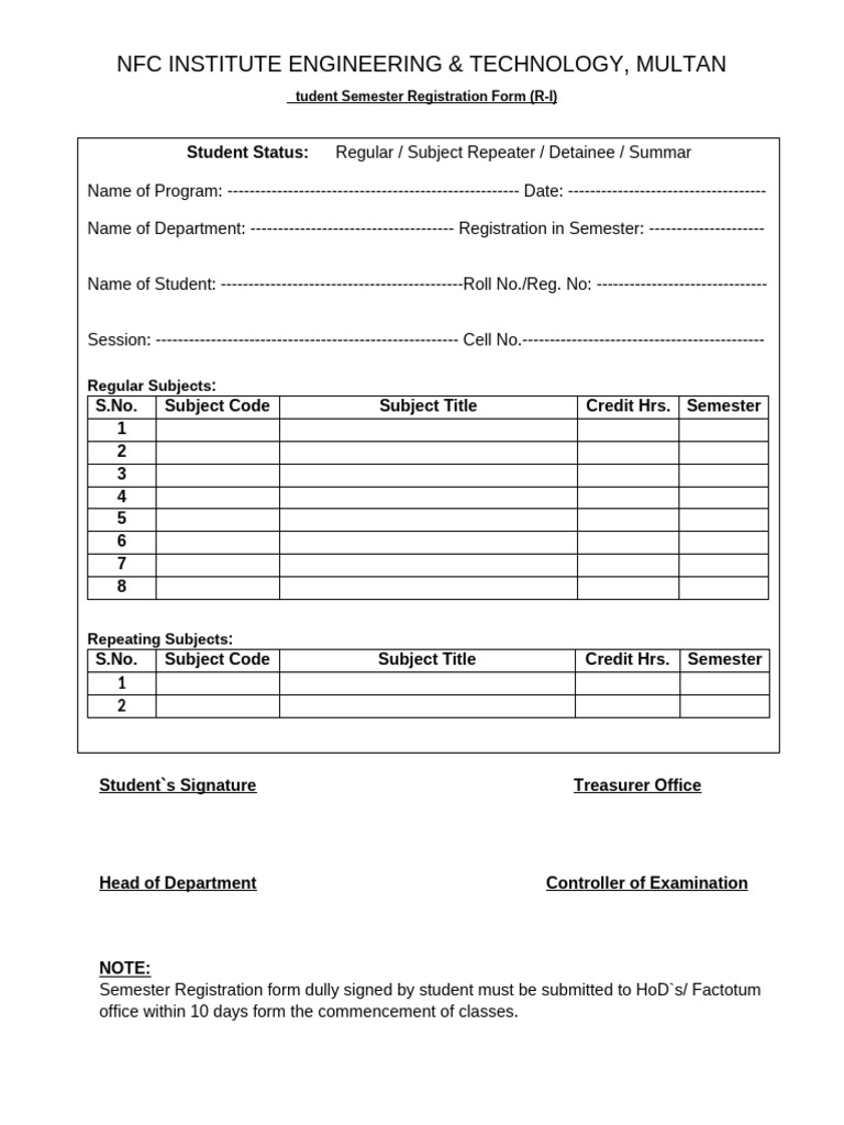 Students Semester Registration Form | PDF