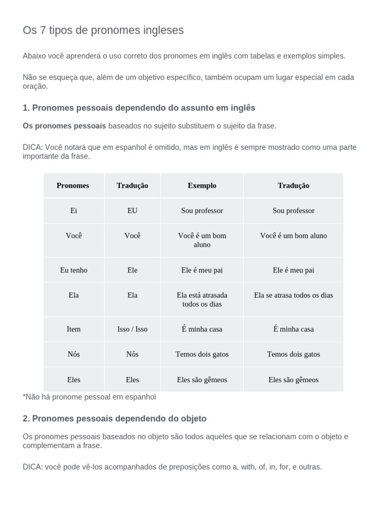Tipos de Pronomes em Inglês: Guia Completo | PDF | Pronome | Assunto ...