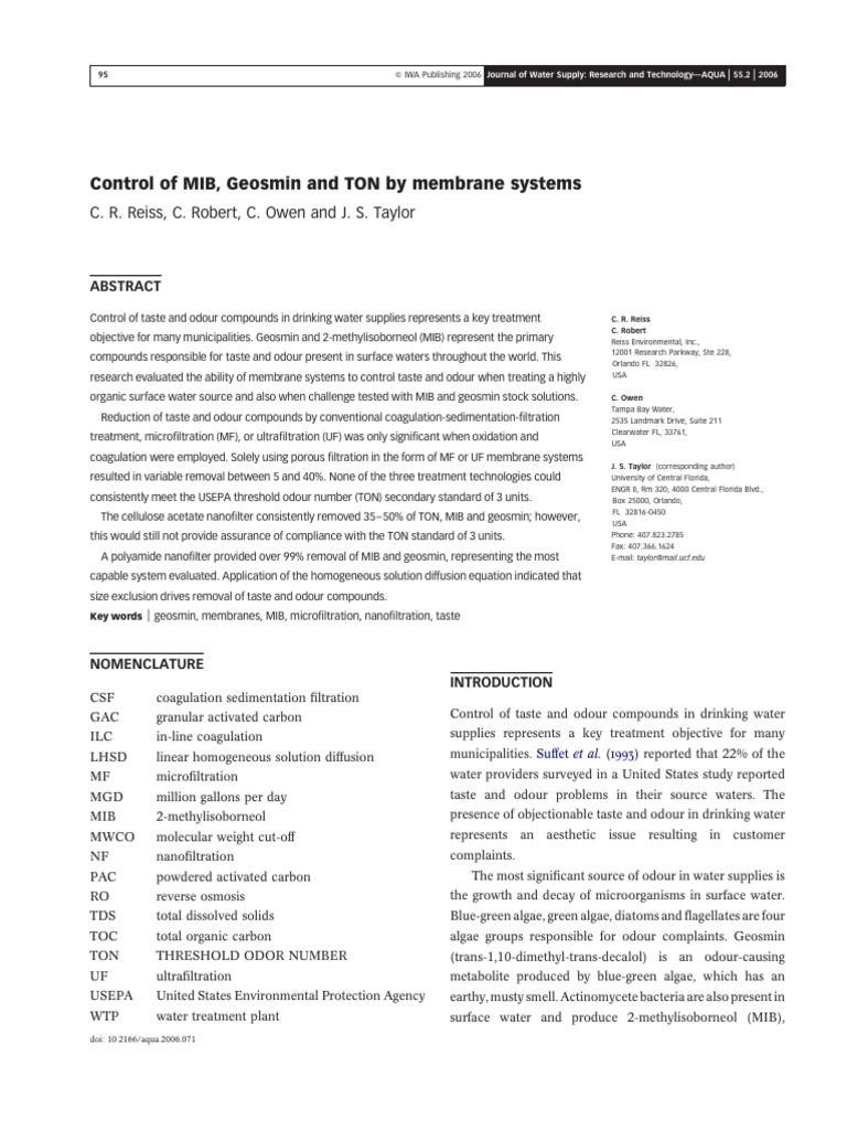 Membrane Systems for MIB and Geosmin Control | PDF | Membrane ...