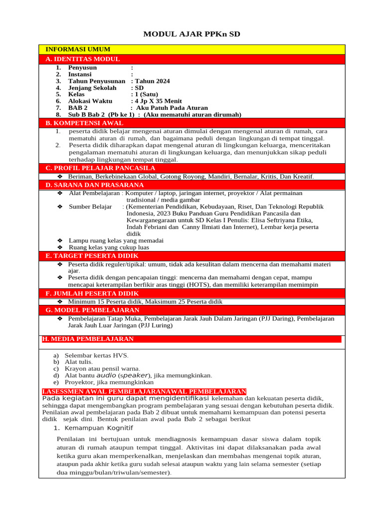 MODUL AJAR PP KLS 1 SMT 1 BAB 2 SUB B PB 1 | PDF