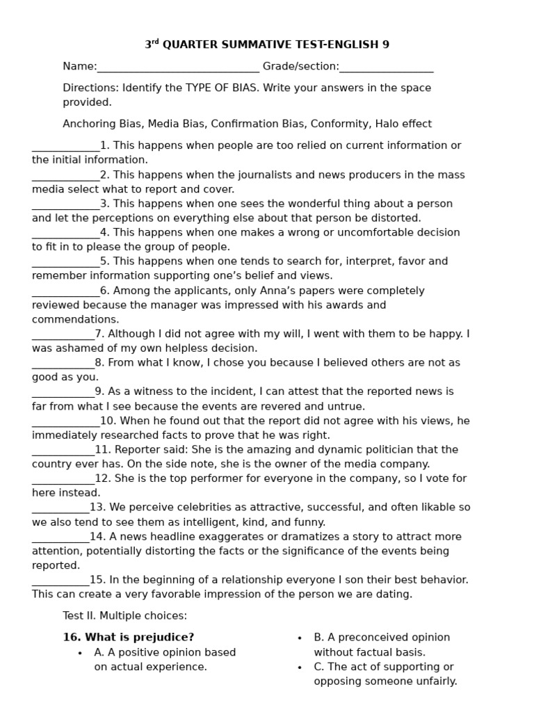3rd QUARTER SUMMATIVE TEST | PDF | Bias | Stereotypes
