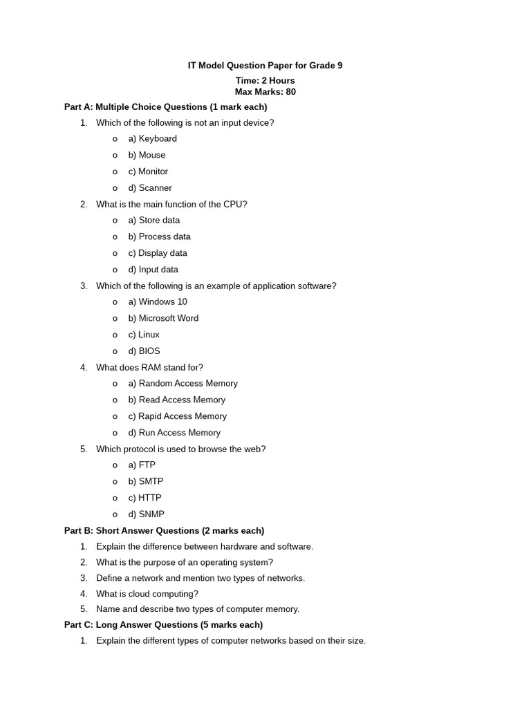 Grade 9 IT Model Question Paper | PDF | Computer Network | Computer ...