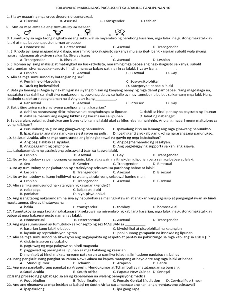 Summative Mastery 2nd Grading Gender At Sex 2024 2025 Pdf