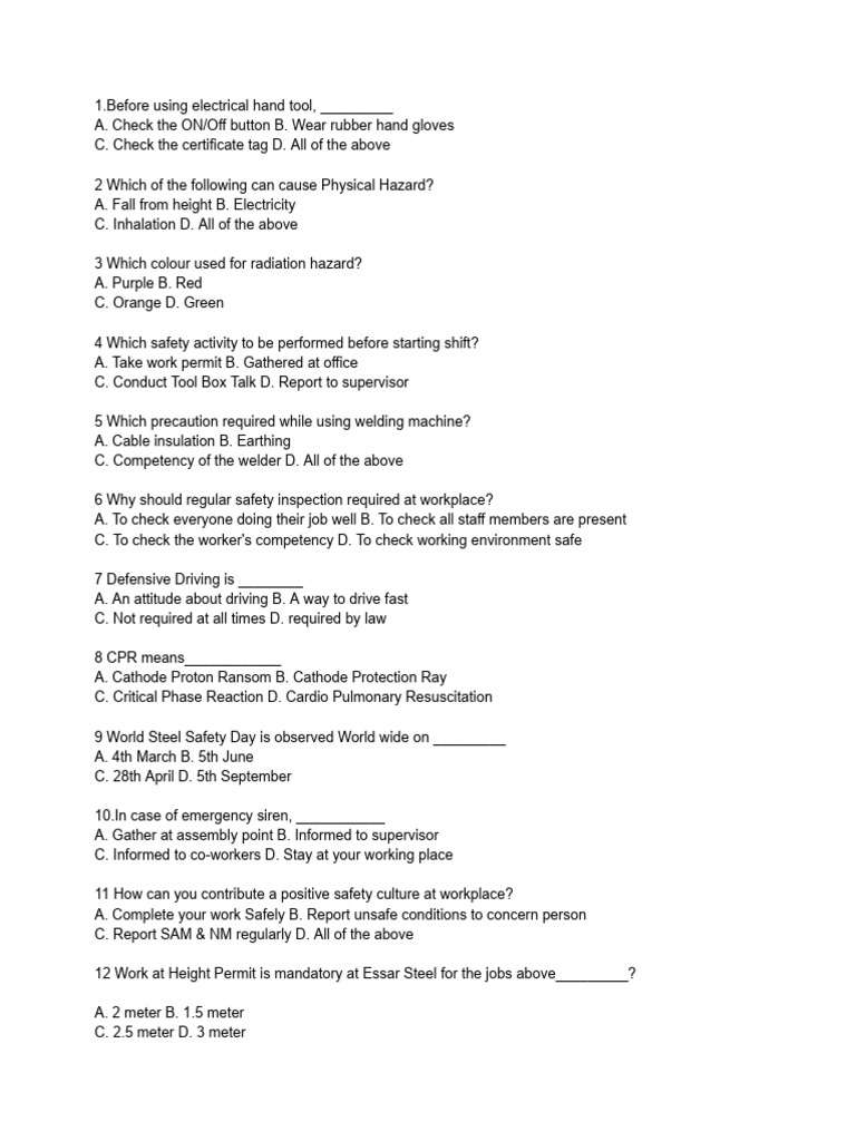 Safety Quiz: 100 Questions & Answers | PDF | Personal Protective ...