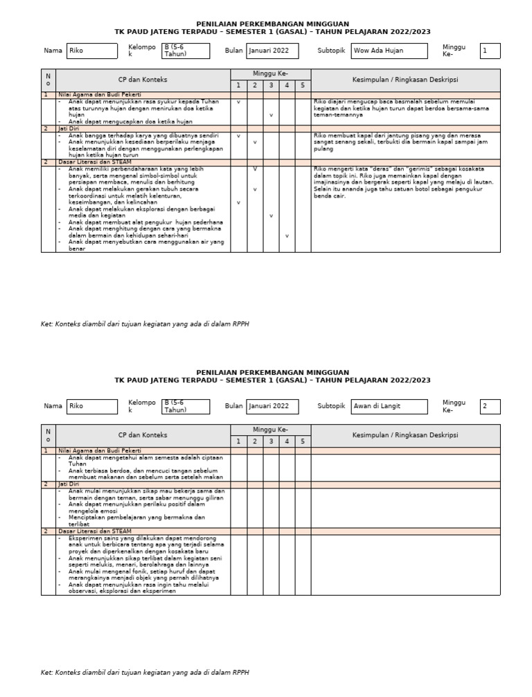Penilaian Mingguan PAUD Jateng | PDF