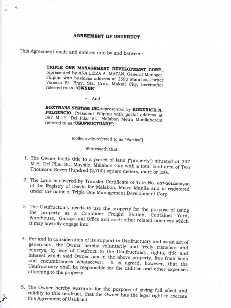 Agreement of Usufruct. | PDF