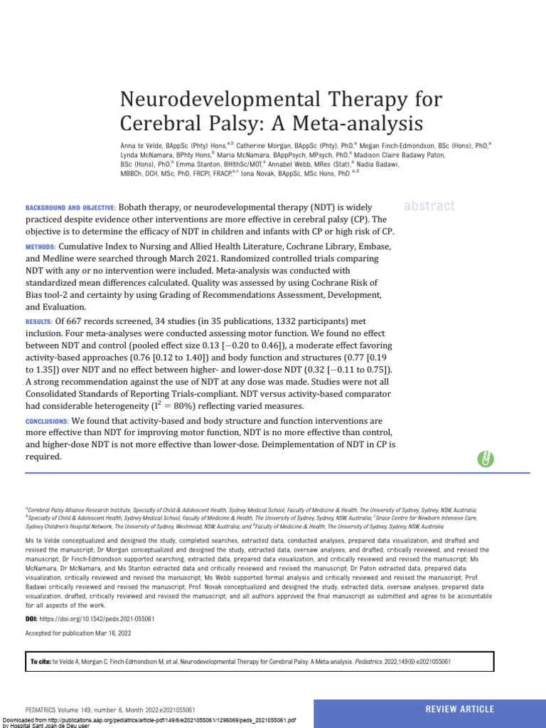 Neurodevelopmental Therapy - BObath - Metanalisis | PDF | Meta Analysis | Medicine