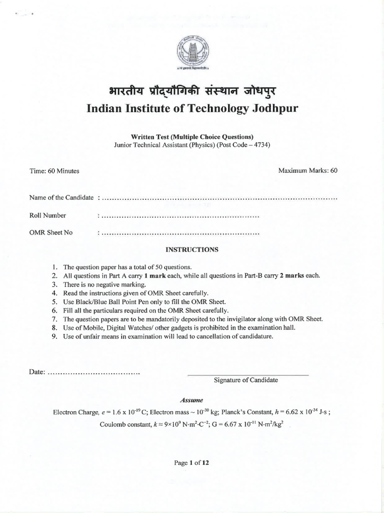 Junior Technical Assistant - Physics - Post Code - 4734 - 18072023 | PDF