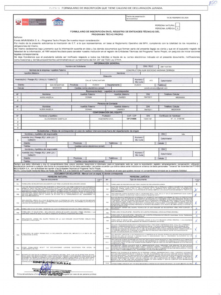 FORMULARIO DE INSCRIPCION EN EL REGISTRO DE ENTIDADES TECNICAS DEL PROGRAMA TECHO PROPIO | PDF