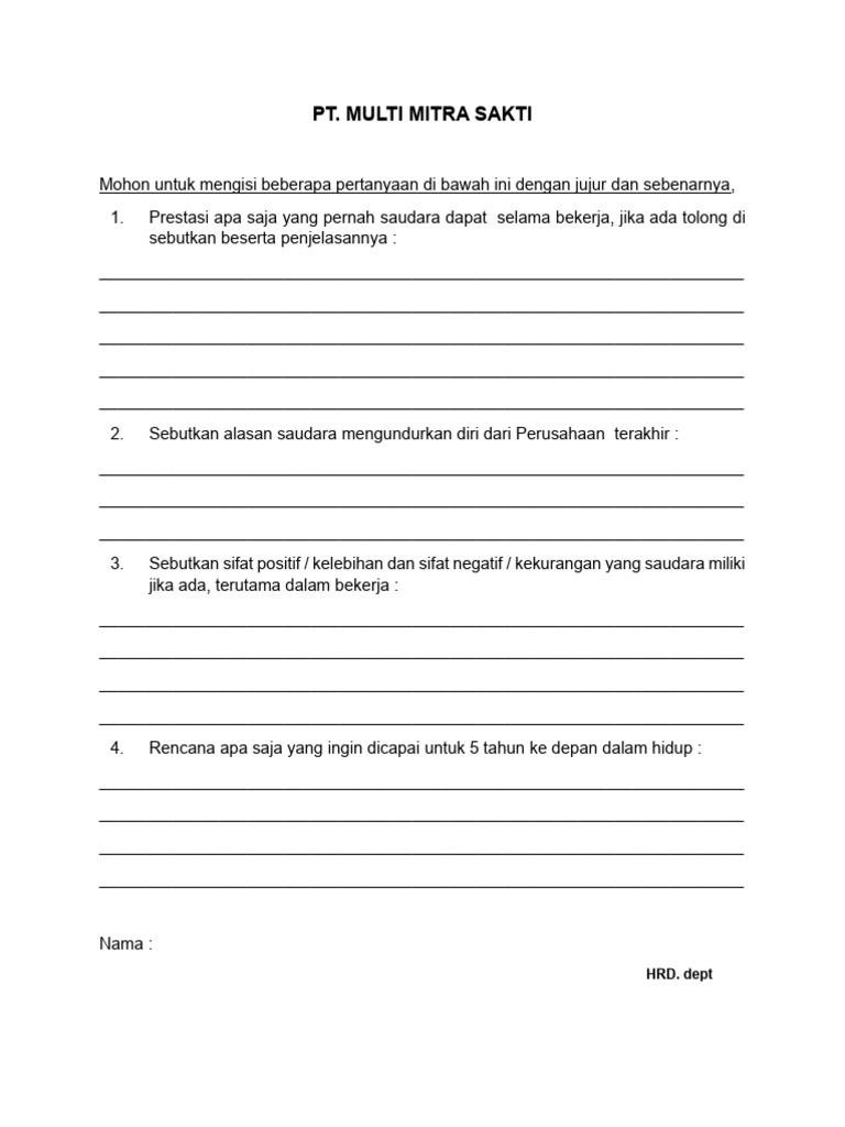 Formulir Pertanyaan HRD Karyawan | PDF