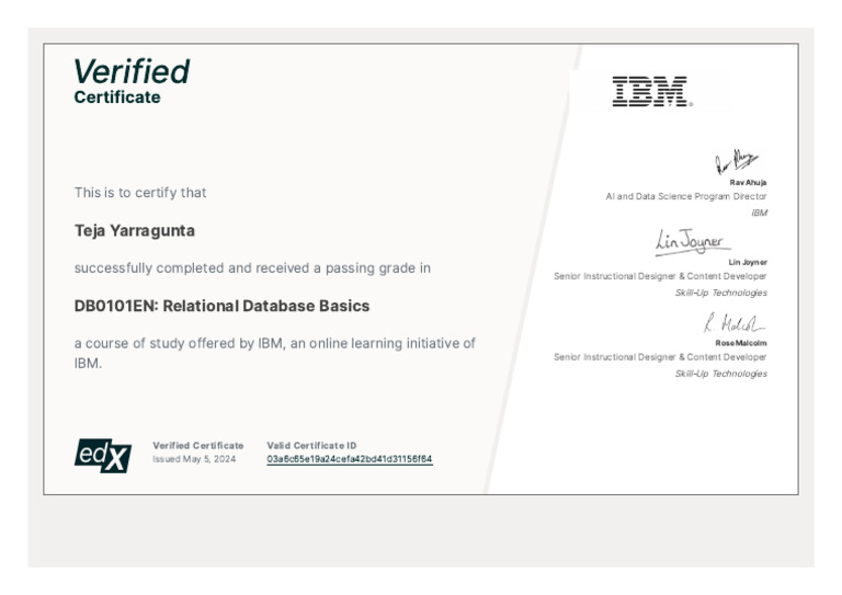 IBM DB0101EN Certificate - Edx | PDF