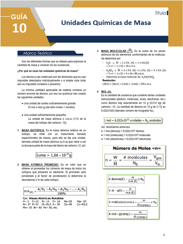 Ava - Guía 10 - Unidades Químicas de Masa | PDF | Mole (Unidad) | Átomos