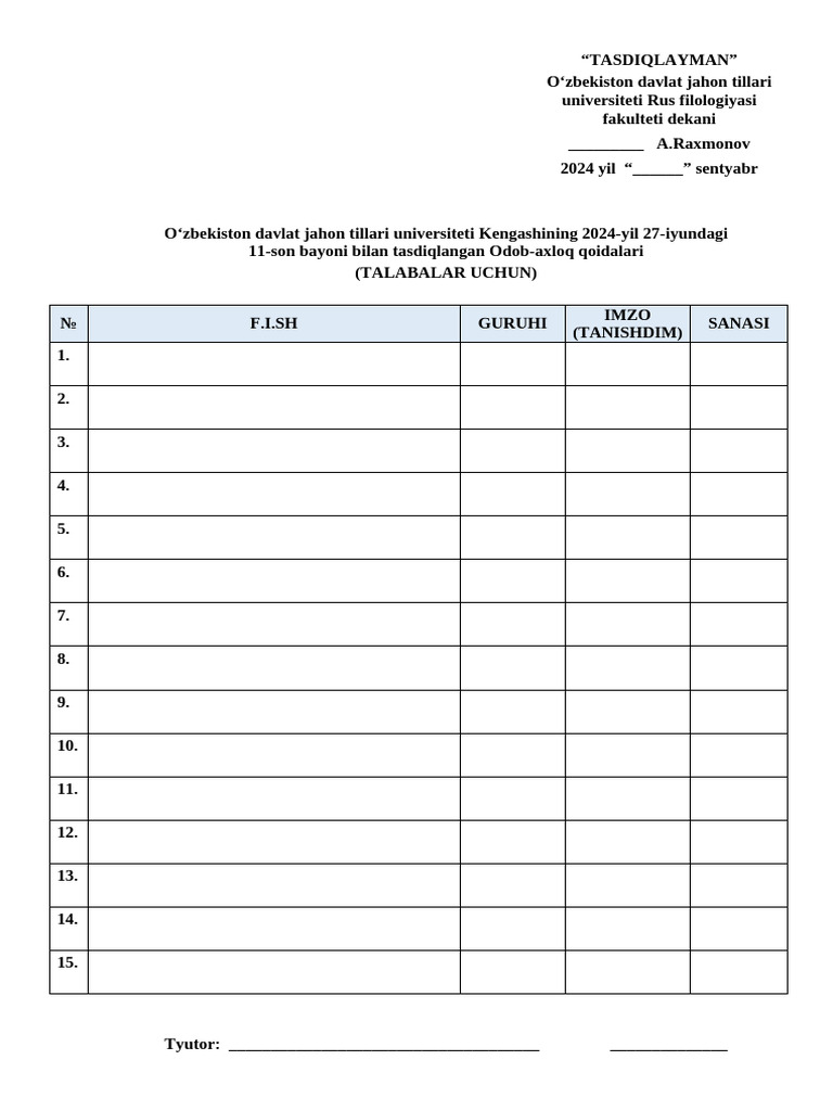 Rus Filologiyasi REESTR TALABA | PDF