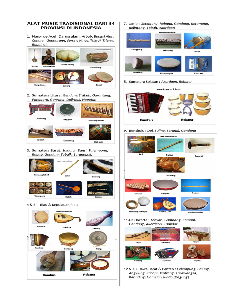 Alat Musik Tradisional Dari 34 Provinsi Di Indonesia | PDF