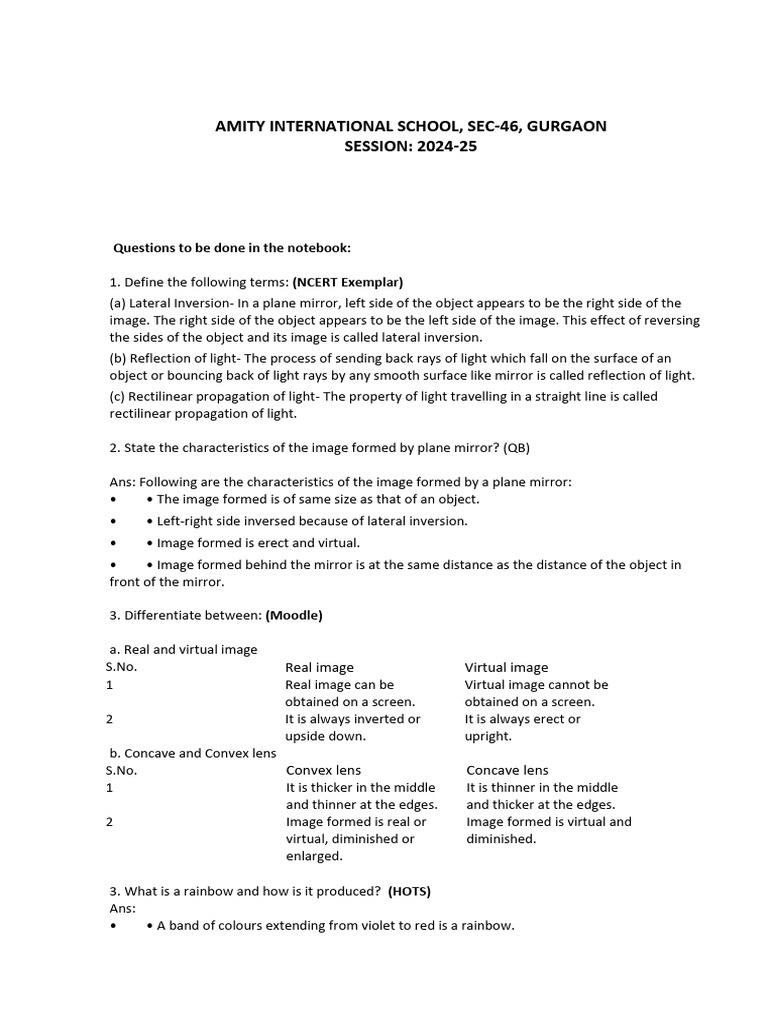 Class 7 Chapter Light Handout | PDF | Rainbow | Electrodynamics
