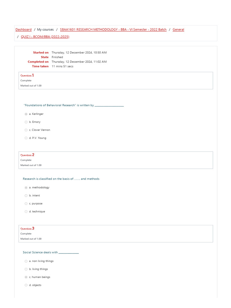 Research Methodology Quiz Answers | PDF | Qualitative Research | Methodology