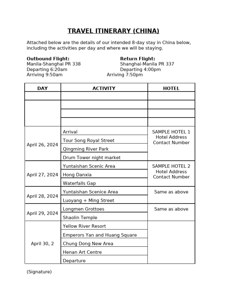 Sample China Visa Itinerary | PDF