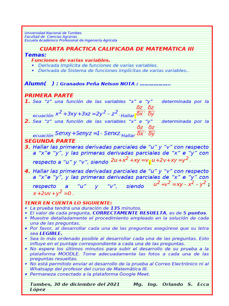 Cuarta Práctica Calificada de MATEMATICA III | PDF
