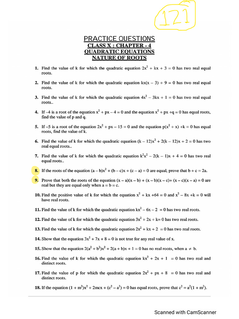 10 Maths PRACTICE QUESTIONS QUADRATIC | PDF