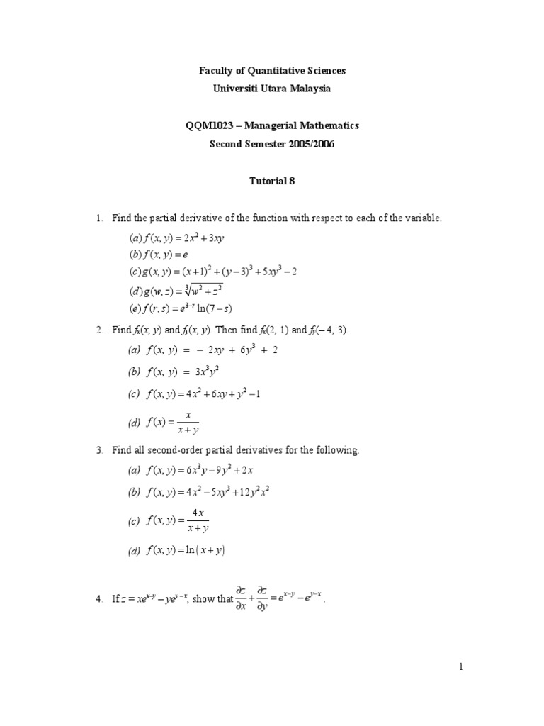 Tutorial 8 - Partial Derivative | PDF | Subtraction | Mathematical Objects
