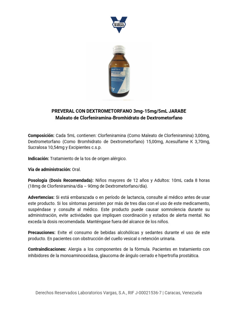 Jarabe Preveral: Dextrometorfano y Clorfeniramina | PDF