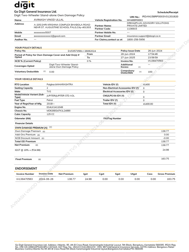 Digit Two-Wheeler Own Damage Policy | PDF | Insurance | Liability Insurance