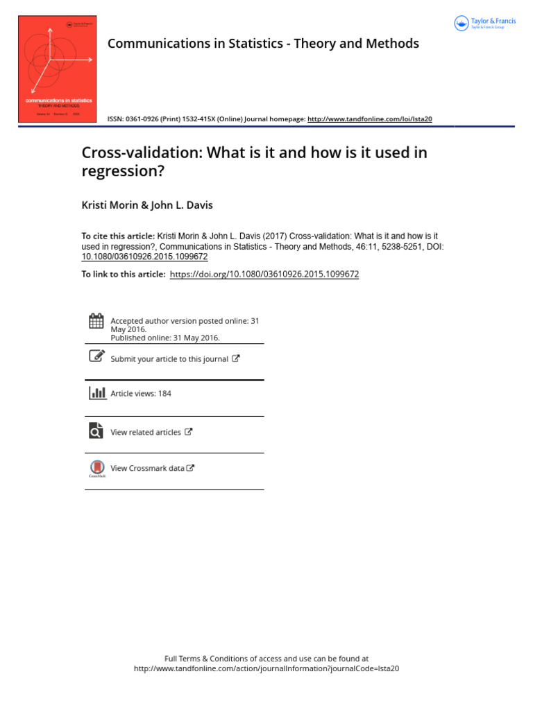 Cross Validation What Is It and How Is It Used in Regression - CommStat - 2017 | PDF | Cross ...