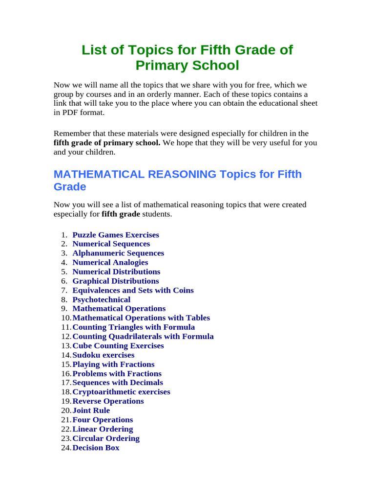 Fifth Grade Educational Topics List | PDF | Division (Mathematics ...
