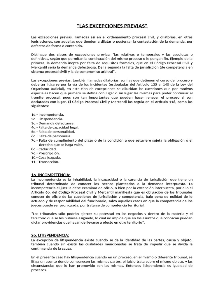 Las Excepciones Previas | PDF | Ley procesal | Demanda judicial