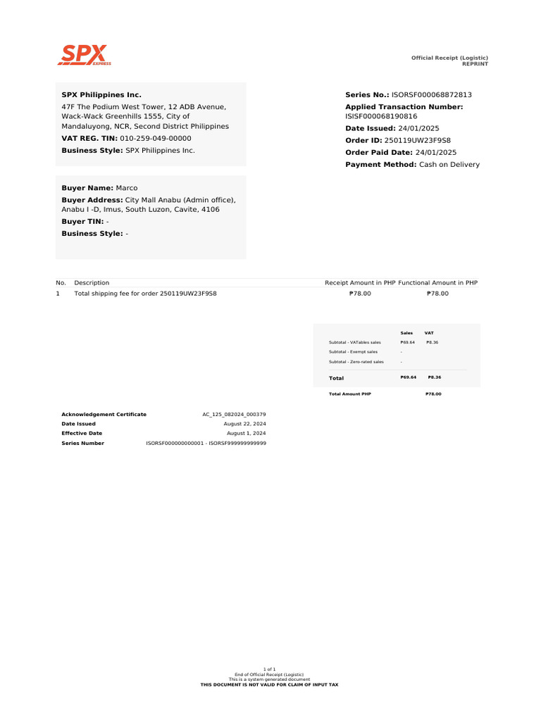 Official Receipt for PHP 78 Payment | PDF | Receipt | Value Added Tax