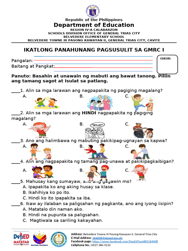 Ikatlong Markahang Pagsusulit Sa GMRC 1 | PDF