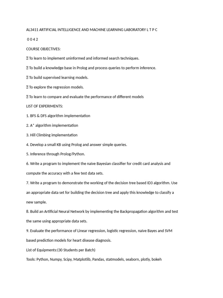 Al3411 Artificial Intelligence and Machine Learning Laboratory L T P C | PDF | Algorithms ...