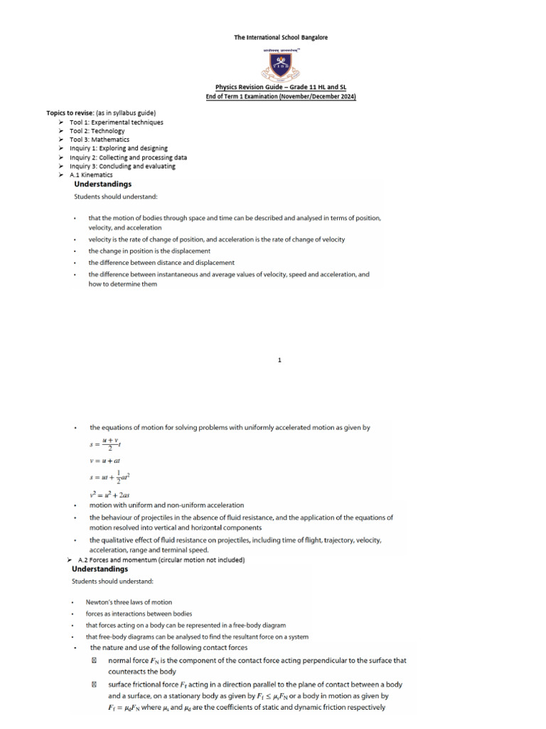 Grade 11 HL - SL Revision Guidelines For EOT1 Exam 2024-2025 | PDF