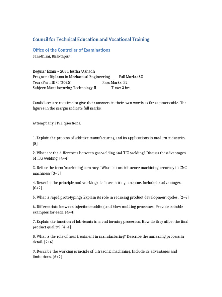 Manufacturing Technology II Exam Questions | PDF