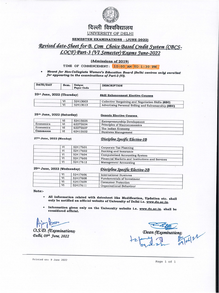 Revised Date Sheet B. Com (NCWEB) Sem - VI-09-06-2022 | PDF