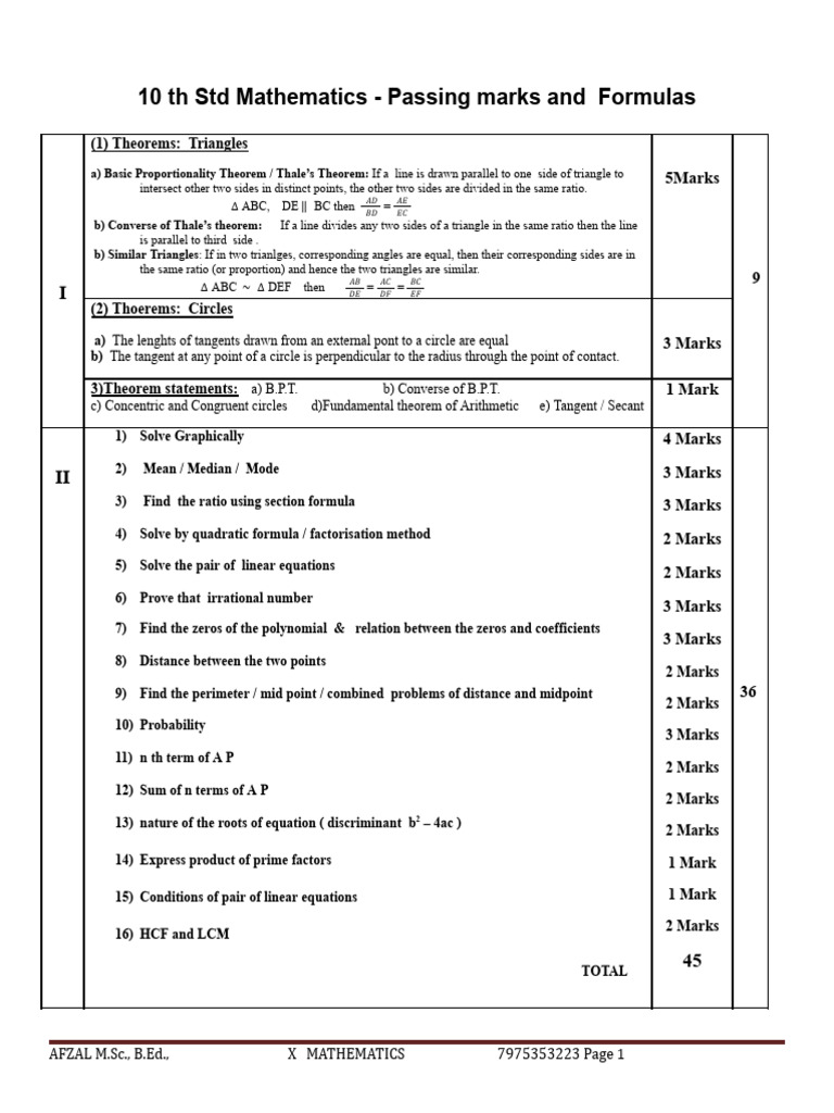 10th Class Maths Passing Marks Guide | PDF | Triangle | Circle