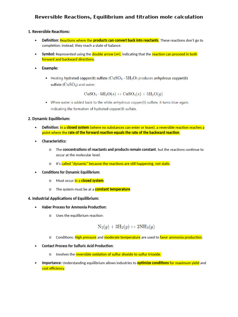 Reversible Reactions, Equilibrium and Titration Mole Calculation | PDF | Titration | Chemistry
