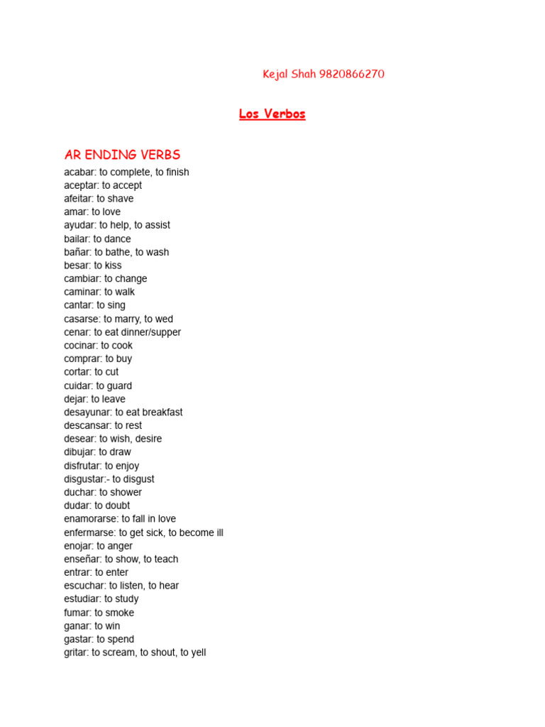 Spanish Verb List: AR, ER, IR Verbs | PDF