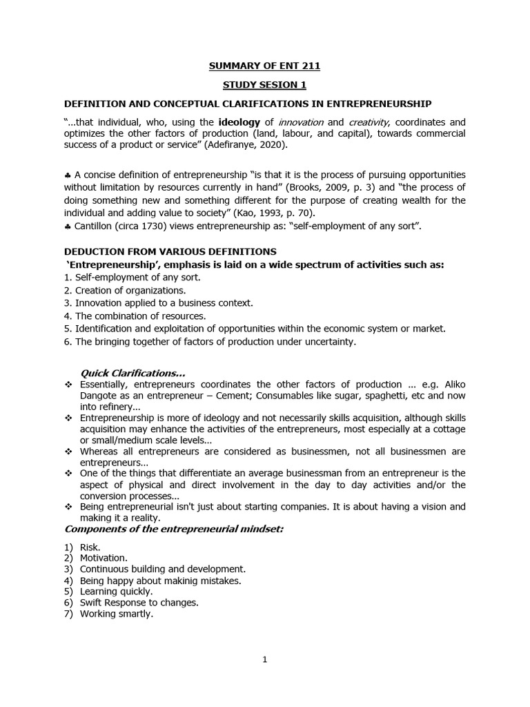 Summary of Ent 211 | PDF | Entrepreneurship | Partnership