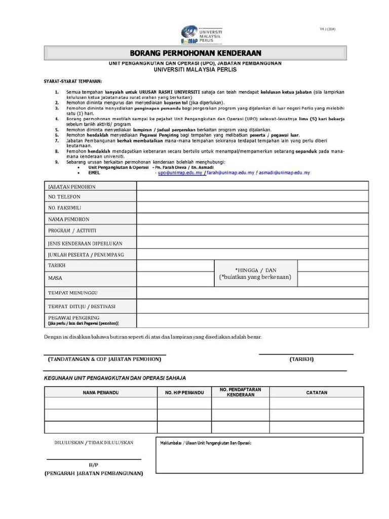 Borang Permohonan Kenderaan Unimap | PDF