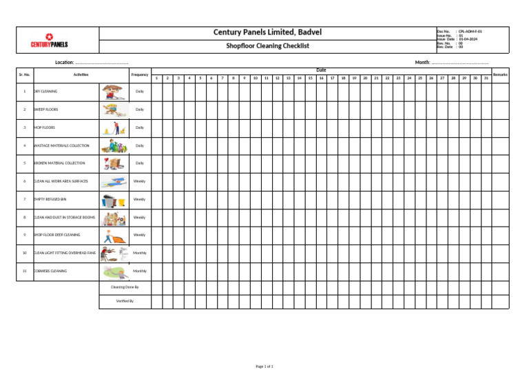 CPL-ADM-F-01 Shop Floor Cleaning Checklist | PDF | Cleaning