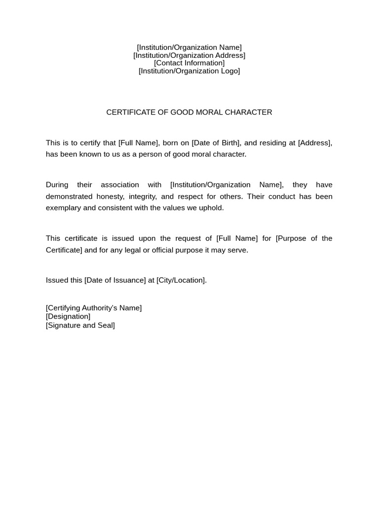 Certificate of Good Moral Character | PDF