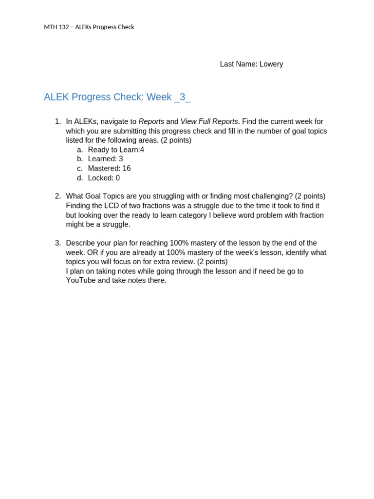MTH 132_Progress Check Template (1) | PDF