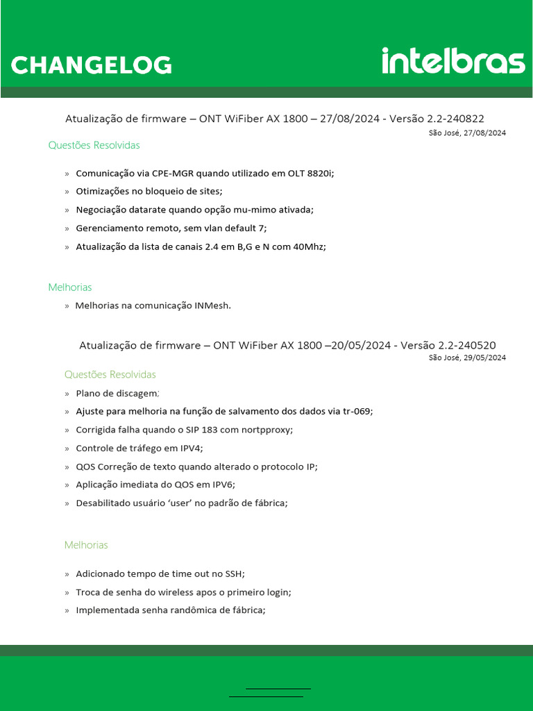 Atualizações de Firmware ONT WiFiber AX 1800 | PDF | Rede local | I Pv6