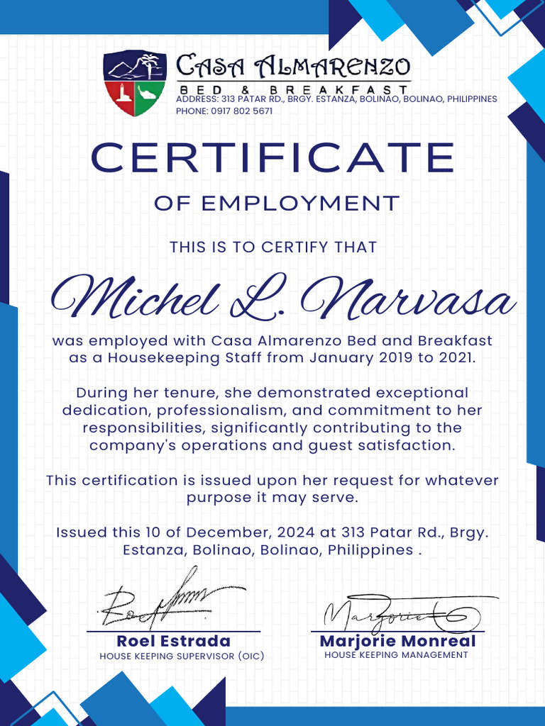 Housekeeping Supervisor Certification | PDF