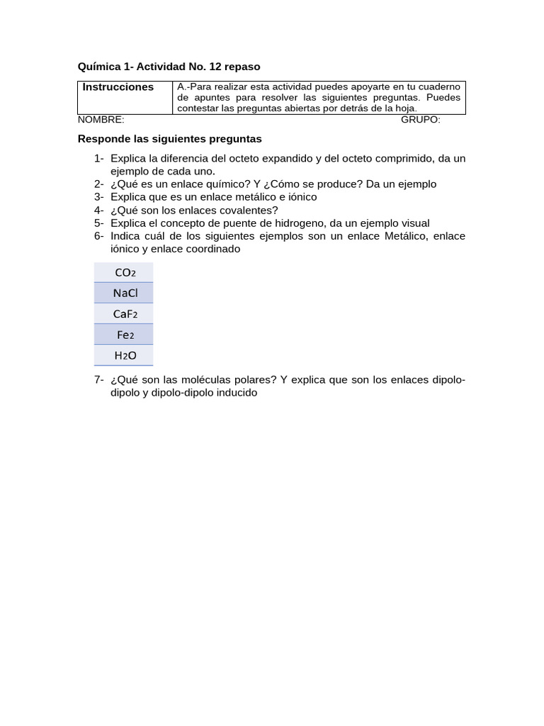 Química 1 Actividad No. 12 | PDF