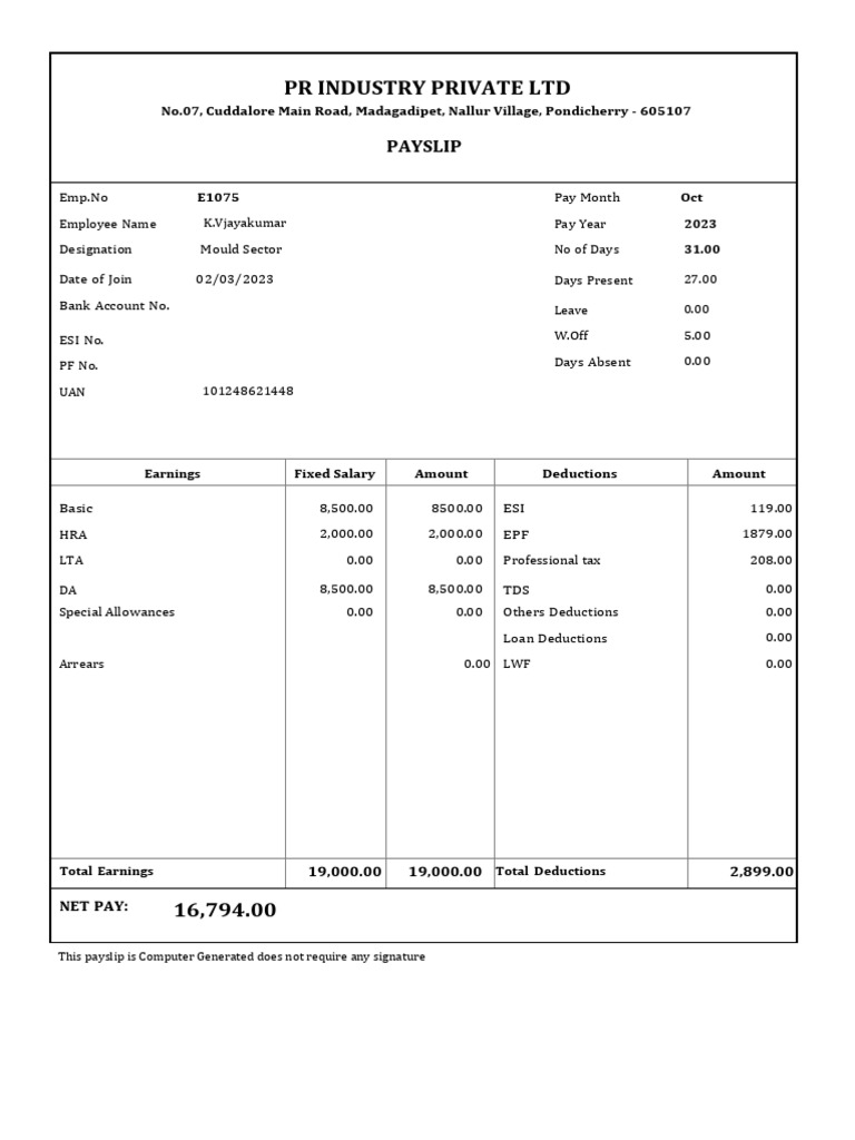 Payslip-Oct 2023 | PDF